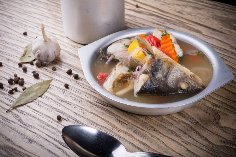Rustic Fish Soup Served in a Metal Dishware Stock Image - Image of ...