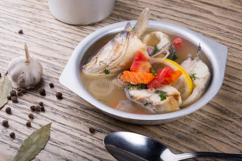 Rustic Fish Soup Served in a Metal Dishware Stock Photo - Image of ...