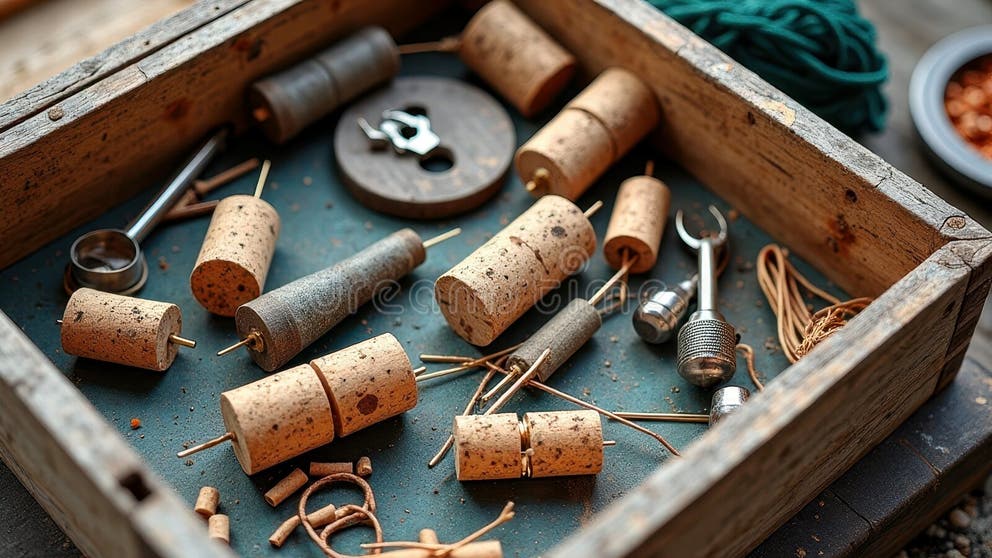 Rustic Fishing Tackle Box with Cork Bobbers and Hooks Stock Image ...