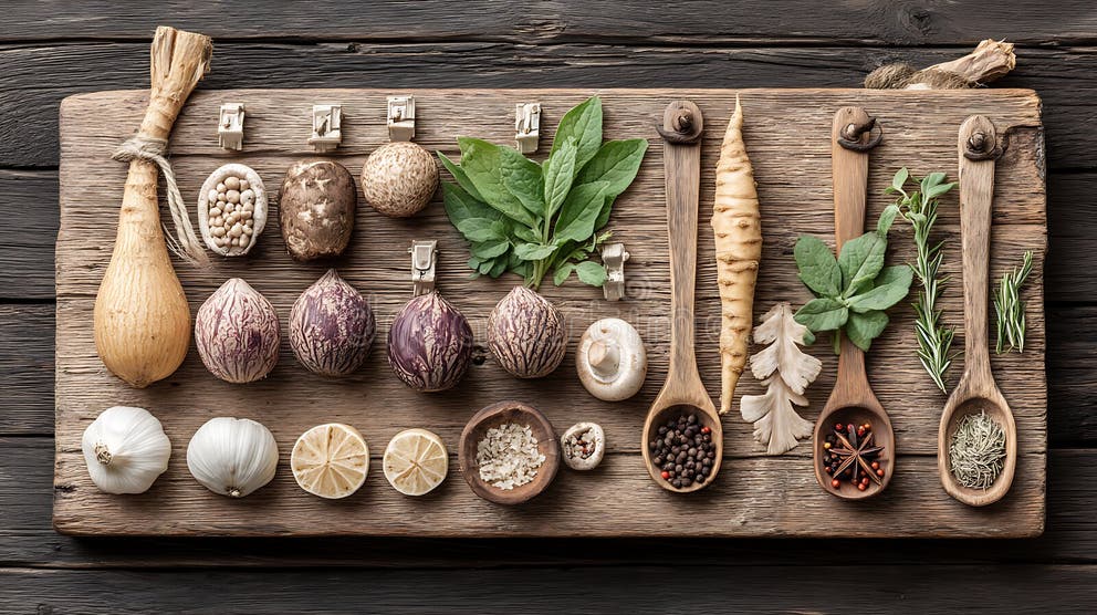 Rustic Flat Lay of Assorted Vegetables Herbs and Spices on Wooden Board ...