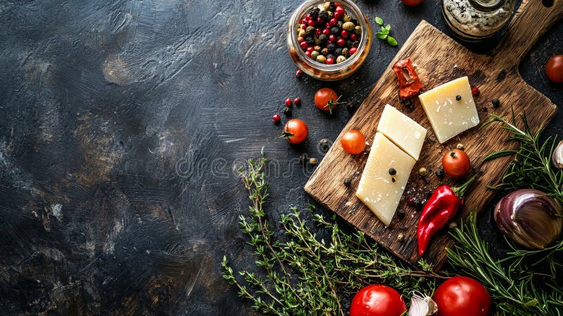 Rustic Flat Lay of Cheese, Spices, and Fresh Vegetables on Dark ...