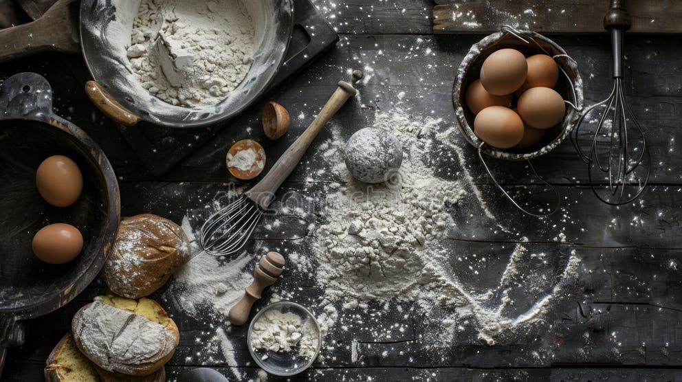 Rustic Baking Scene with Ingredients and Flour on a Dark Surface Stock ...