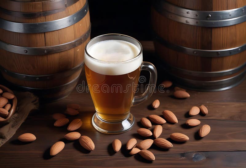 Rustic Flat Lay of Golden Beer with Almonds and Wooden Barrels Stock ...