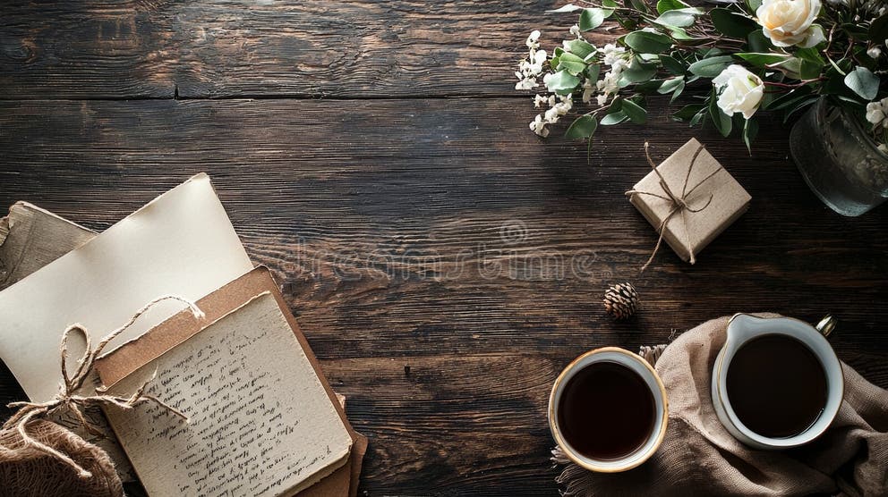 Rustic Flat Lay with Handwritten Notes, Coffee, and Wrapped Gift Stock ...