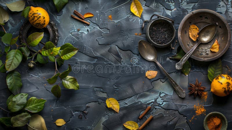 Rustic Flat Lay of Kitchen Spices and Herbs on a Dark Textured Surface ...