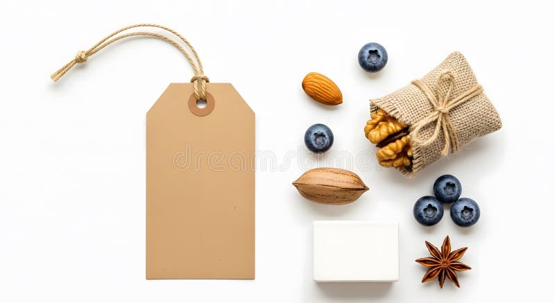 Rustic Flat Lay with Nuts, Fruits, and Burlap Pouch Stock Illustration ...