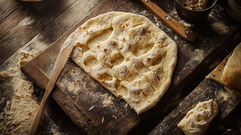 Rustic Flatbread Dough Preparation on Wooden Board Stock Illustration ...