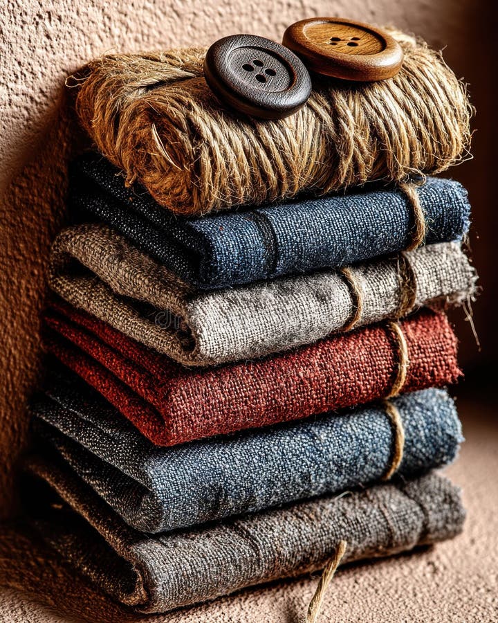 Flatlay of Recycled Denim Swatches with Wooden Buttons and Jute String ...