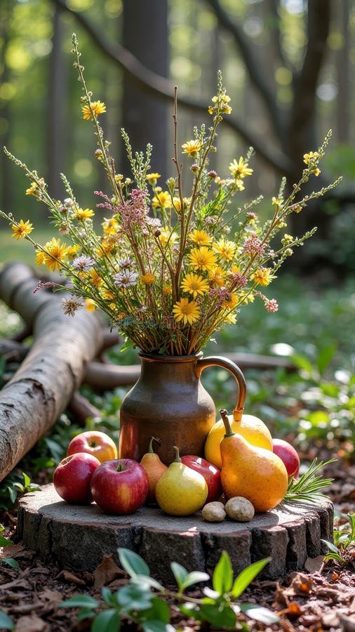 Rustic Floral Arrangement with Fresh Fruits in Forest Clearing Stock ...