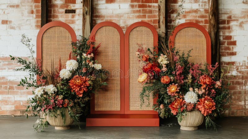 Rustic Floral Arrangement with Red Arch Backdrop Stock Illustration ...
