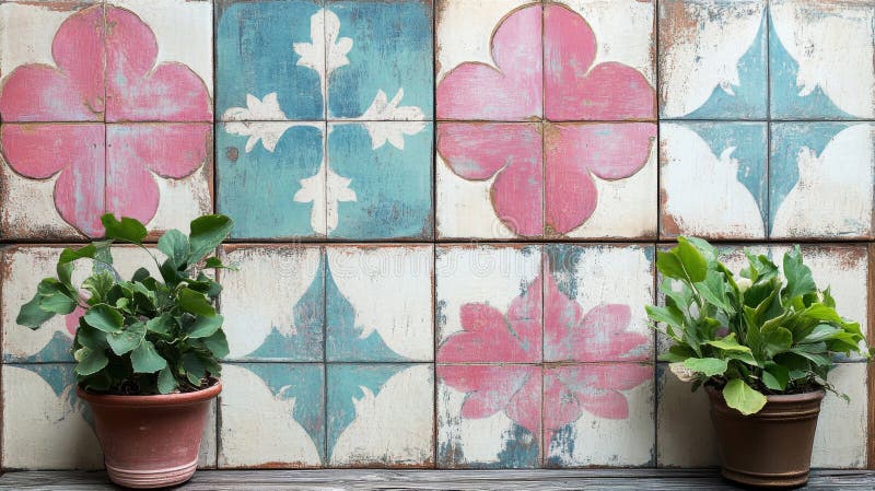 Rustic Floral Tiles with Potted Plants Stock Illustration ...