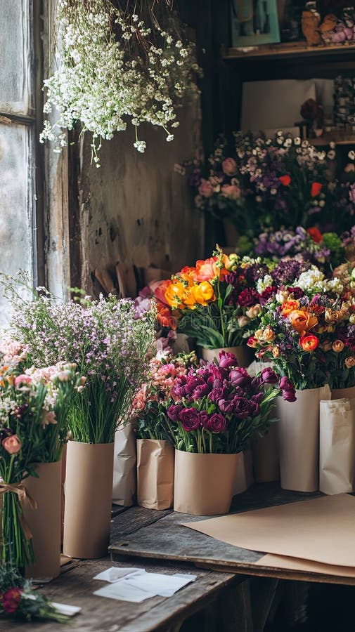 A Rustic Florist Workspace with Freshly Cut Flowers and Wrapping Paper ...