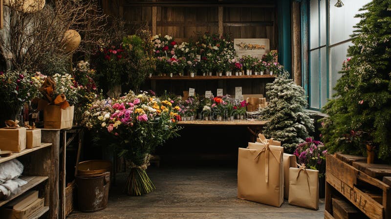 A Rustic Florists Workspace with Freshly Cut Flowers and Wrapping Stock ...