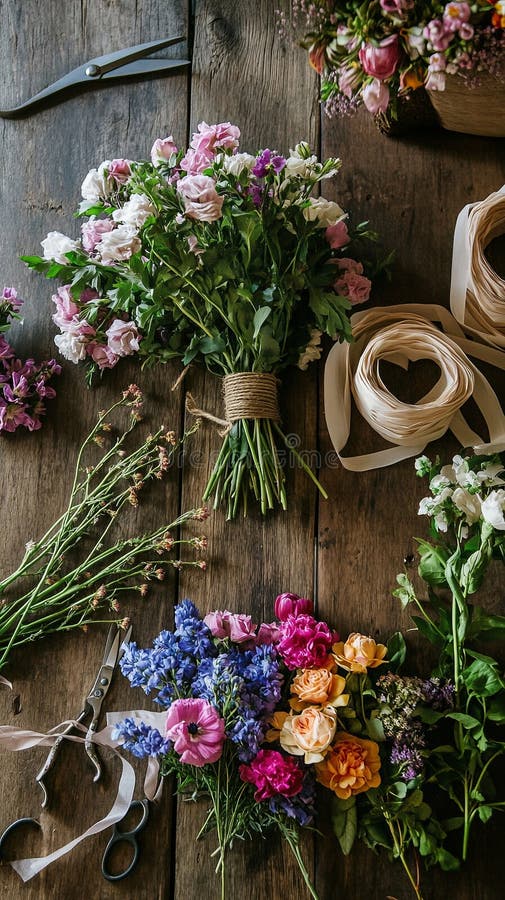 A Rustic Flower Arrangement Station with Ribbons and Scissors. Pic ...