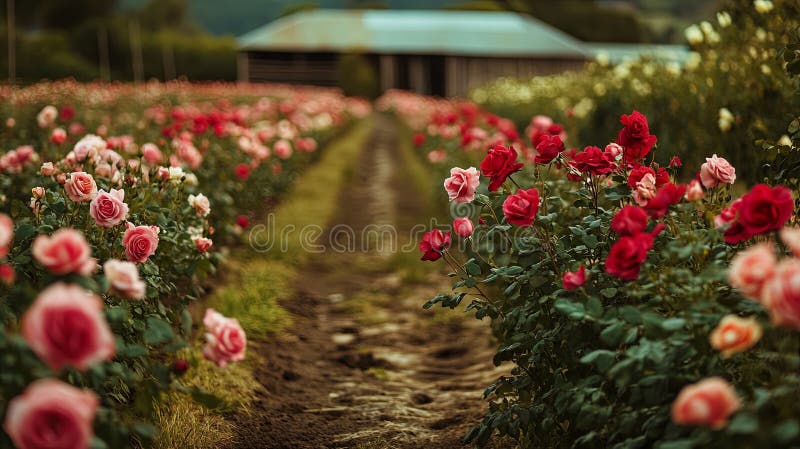 A Rustic Flower Farm with Rows of Roses Ready for Valentines Bouquets ...