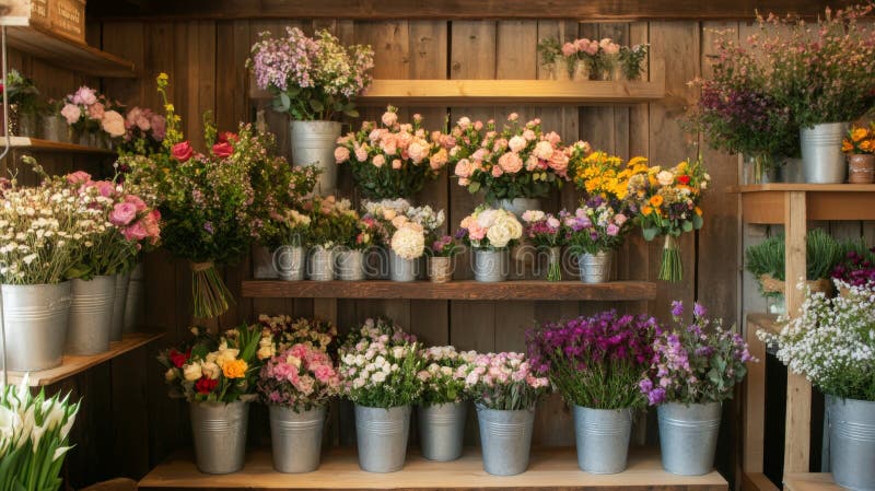 A Rustic Flower Shop Display with Various Colorful Blooms in Galvanized ...
