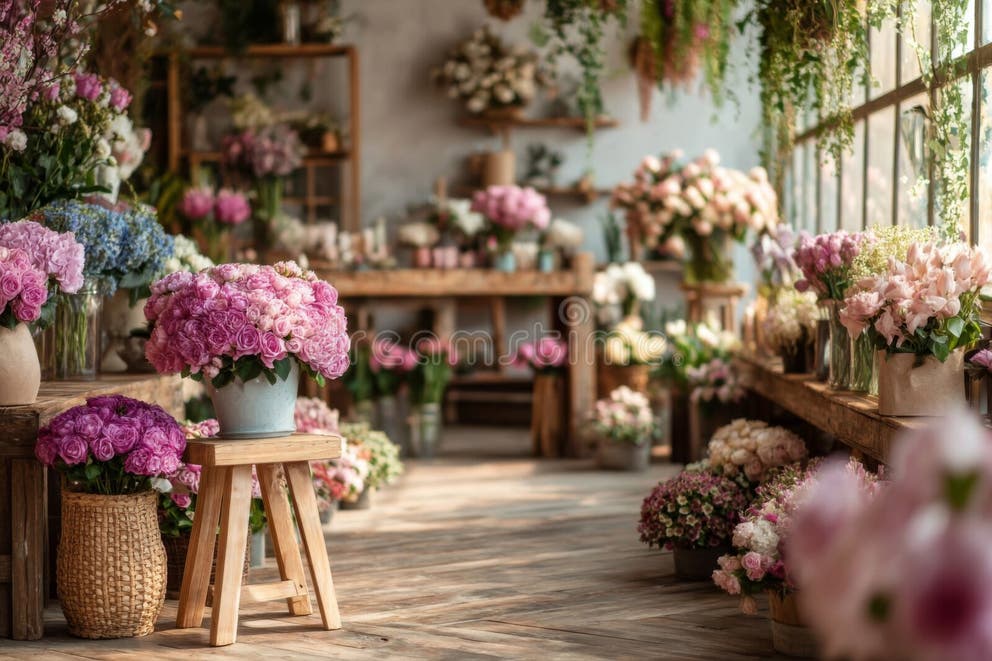 Rustic Flower Shop Interior with Pink and Purple Hydrangeas Stock ...