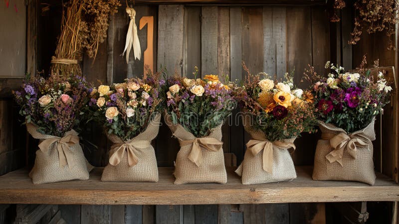 A Rustic Flower Stall with Bouquets Wrapped in Burlap and Silk Ribbons ...