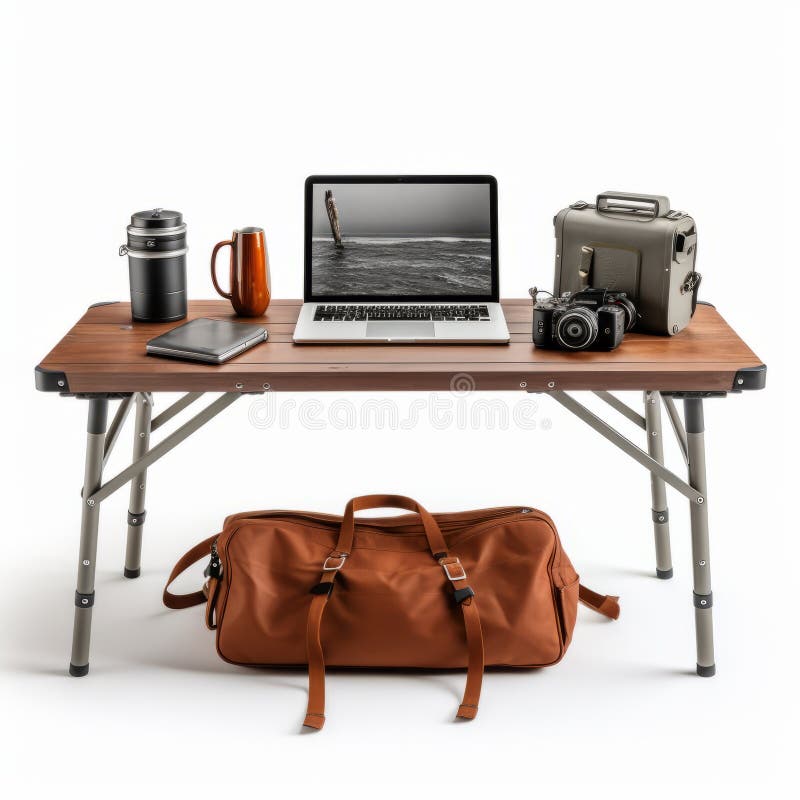 Rustic Foldable Table for Camping with Laptop, Bag, and Gear Stock ...