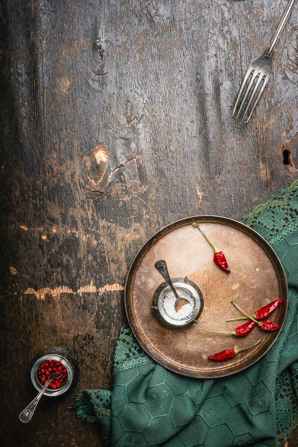 Rustic Food Background with Plate and Spices Stock Photo - Image of ...