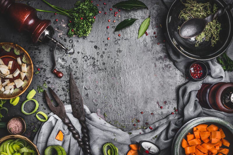 Rustic Food Cooking Kitchen Table Background with Vegetarian ...