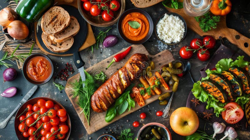 Rustic Food Presentation with Bread, Vegetables, and Pickles Stock ...