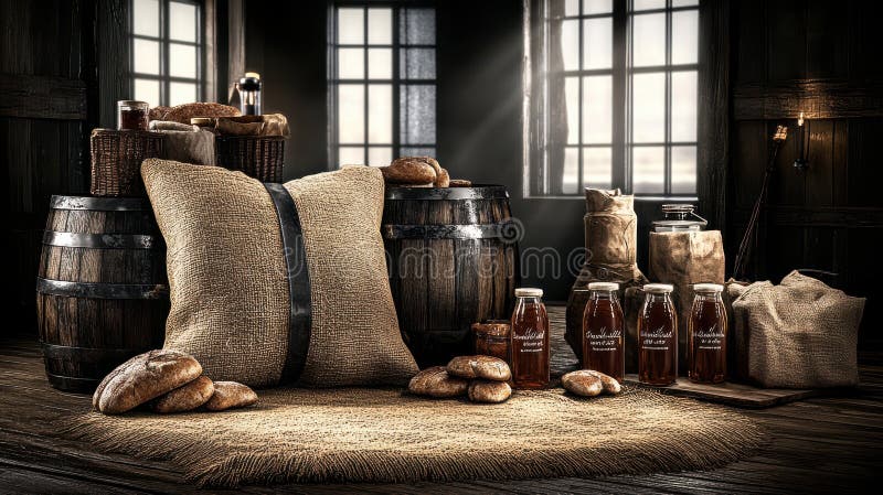 Rustic Food Setup with Vintage Barrels, Sacks, Bread, and Bottled ...