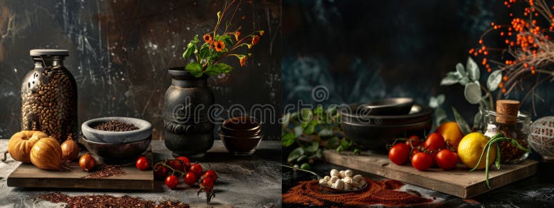Rustic Food Styling with Spices, Vegetables, and Traditional Kitchen ...