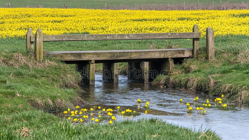 Rustic Footbridge Over Stream, Daffodil Field Backdrop, Spring Stock ...