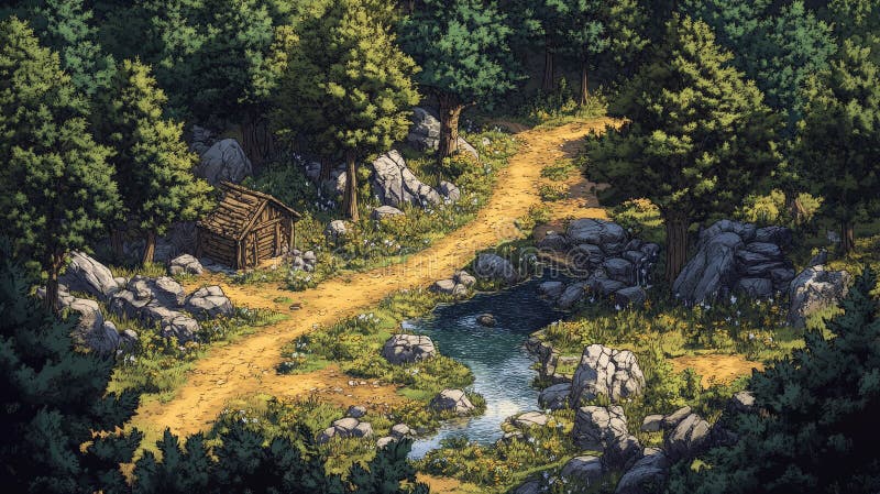 Rustic Forest Trail with Small Cabin by Stream Stock Image - Image of ...