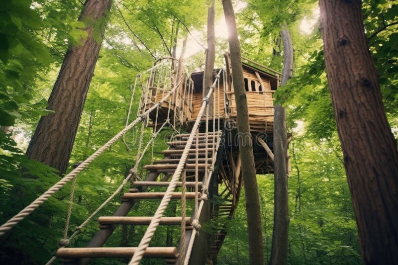 Rustic Forest Treehouse with Rope Ladder Stock Image - Image of rope ...