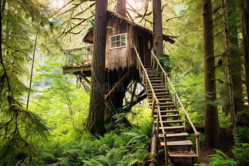 Rustic Forest Treehouse with Rope Ladder Stock Photo - Image of rustic ...