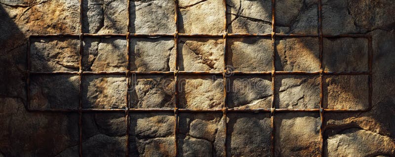 Rustic Forged Metal Grid Weathered Stone Wall Texture Design Background ...