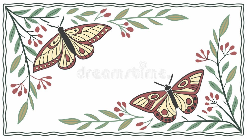 Rustic Frame with Butterflies and Lush Foliage, Vintage Botanical Art ...