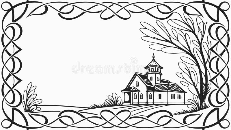 Rustic Frame with Winter Village, Scenic Border Design Vector Design ...