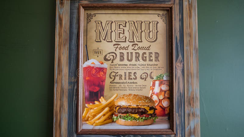 Rustic Framed Menu Poster Featuring Delicious Burger and Fries in a ...