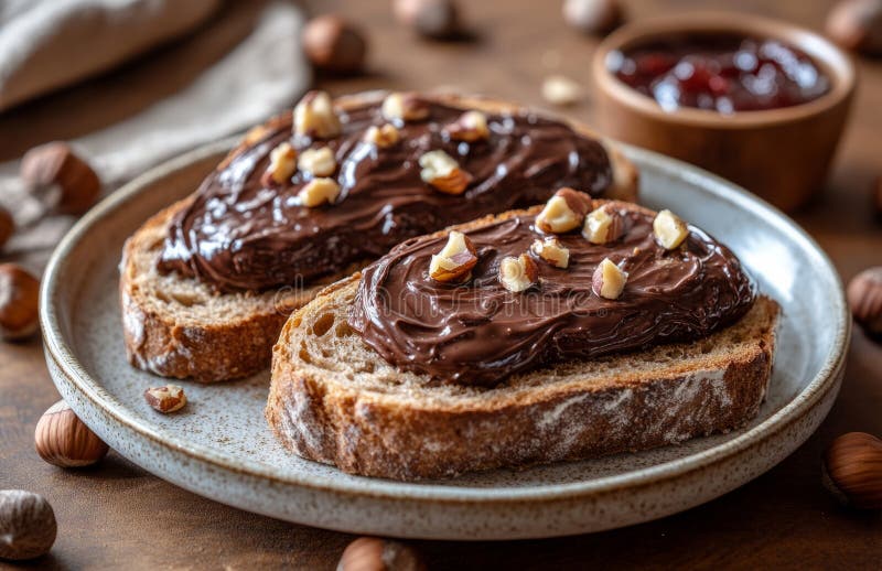 Rustic French Bread Slices with Nuts and Chocolate Spread on Ceramic ...