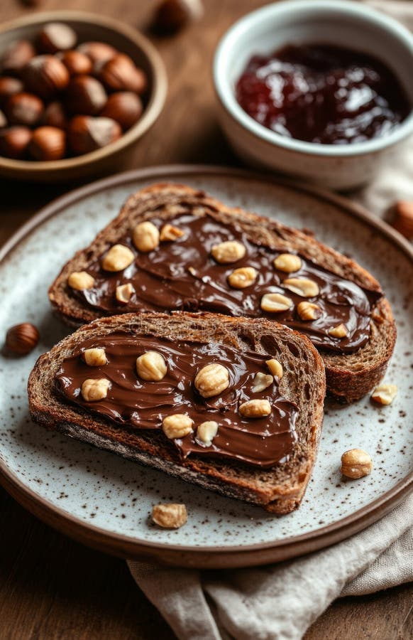 Rustic French Bread Slices with Nuts and Chocolate Spread on Ceramic ...