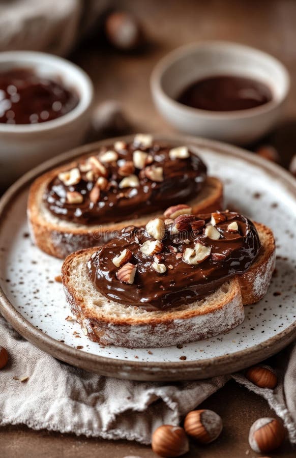 Rustic French Bread Slices with Nuts and Chocolate Spread on Ceramic ...