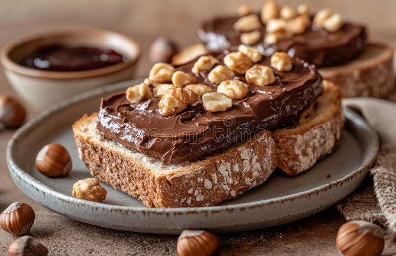 Rustic French Bread Slices with Nuts and Chocolate Spread on Ceramic ...