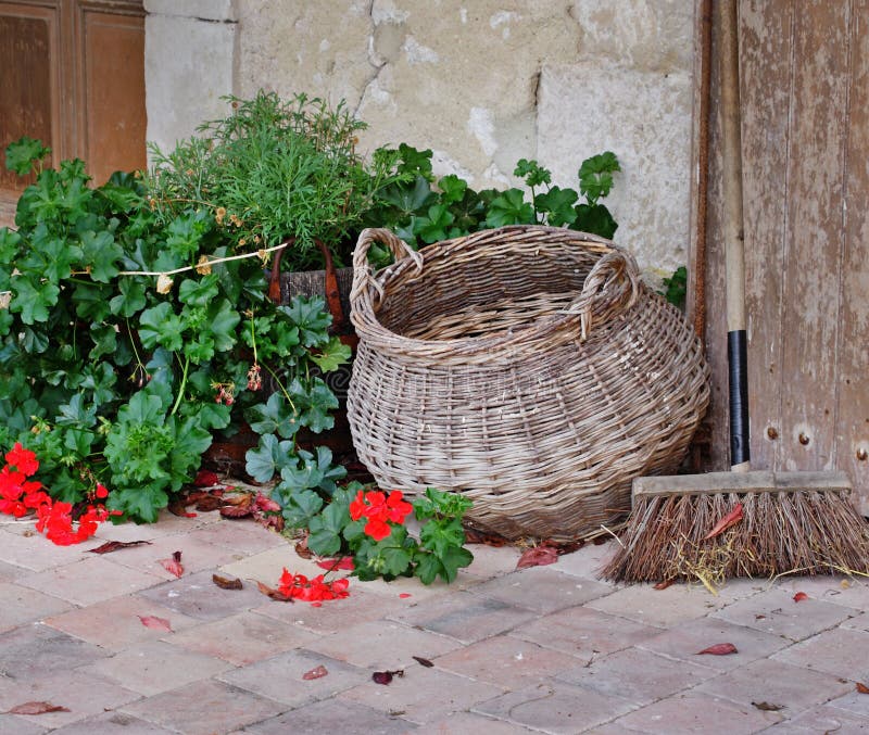 Rustic French Garden Patio and Wicker Basket Stock Photo - Image of ...