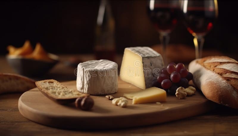 A Rustic French Still Life Bread, Cheese, Wine, and Grapes Generated by ...