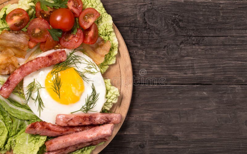 Rustic Fried Egg with Ham and Tomatoes Top View Stock Image - Image of ...