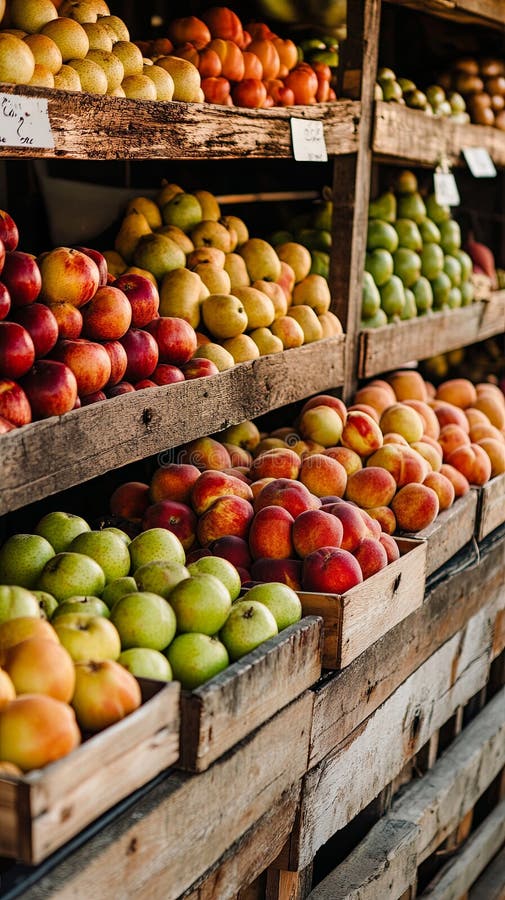 A Rustic Fruit Stand with Fresh Apples, Pears, and Peaches. Pic Stock ...