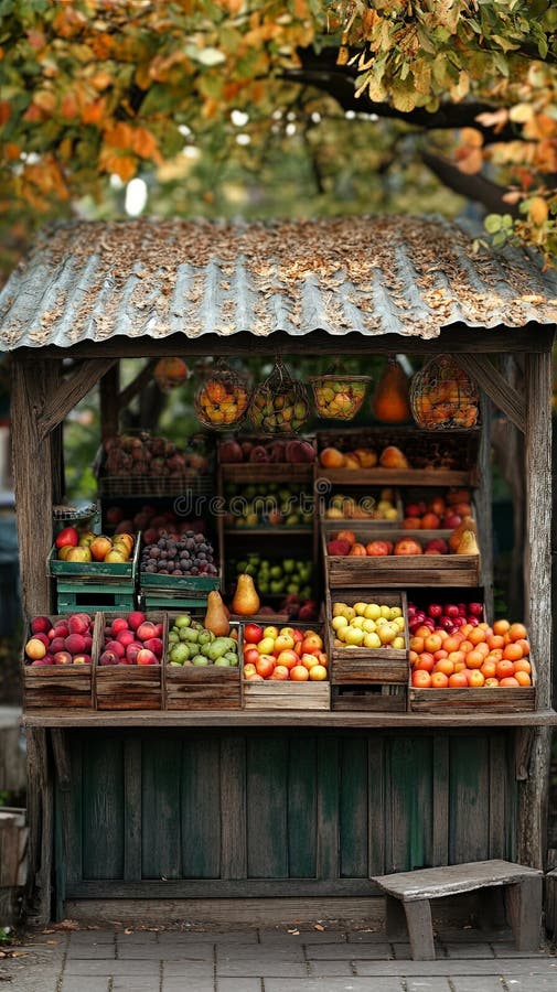 A Rustic Fruit Stand with Fresh Apples, Pears, and Peaches. Pic Stock ...