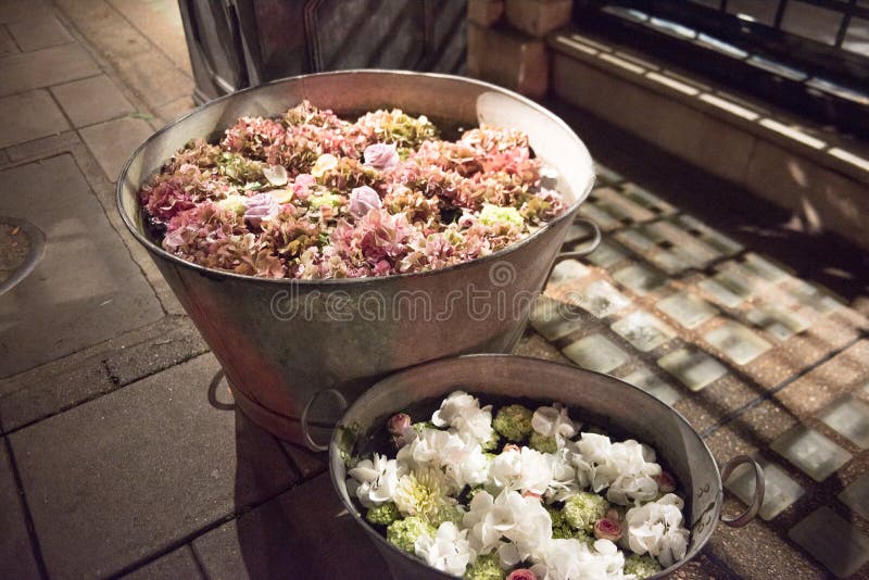 Rustic Galvanised Pails Filled with Summer Flowers Stock Photo - Image ...