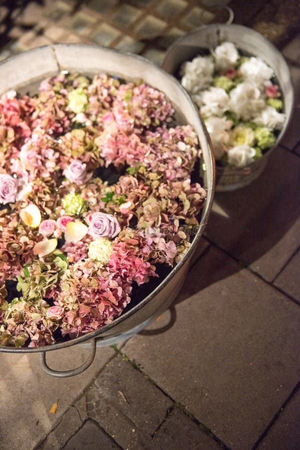 Rustic Galvanised Pails Filled with Summer Flowers Stock Image - Image ...