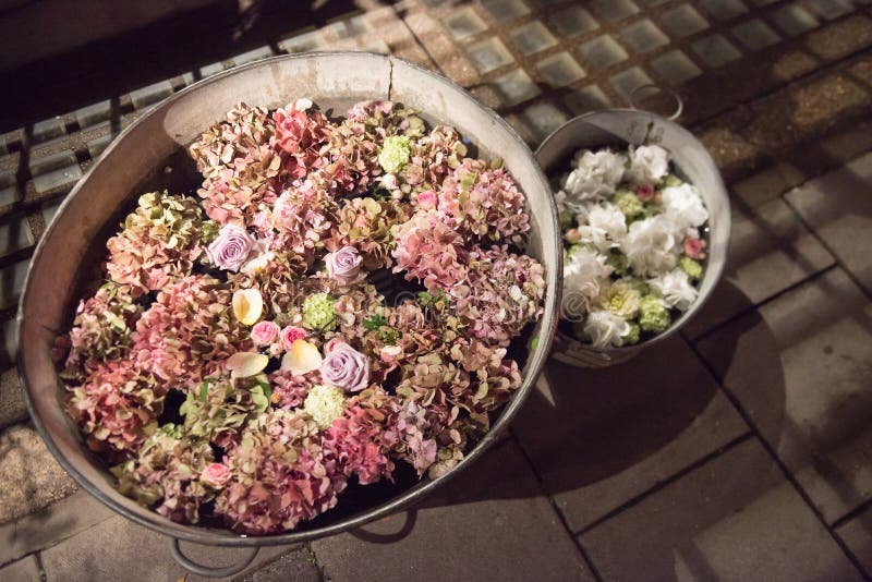 Rustic Galvanised Pails Filled with Summer Flowers Stock Image - Image ...