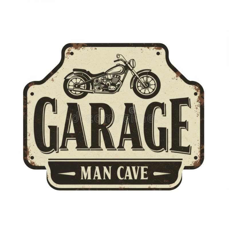 Rustic Garage Man Cave Metal Sign with Motorcycle Graphic Stock ...