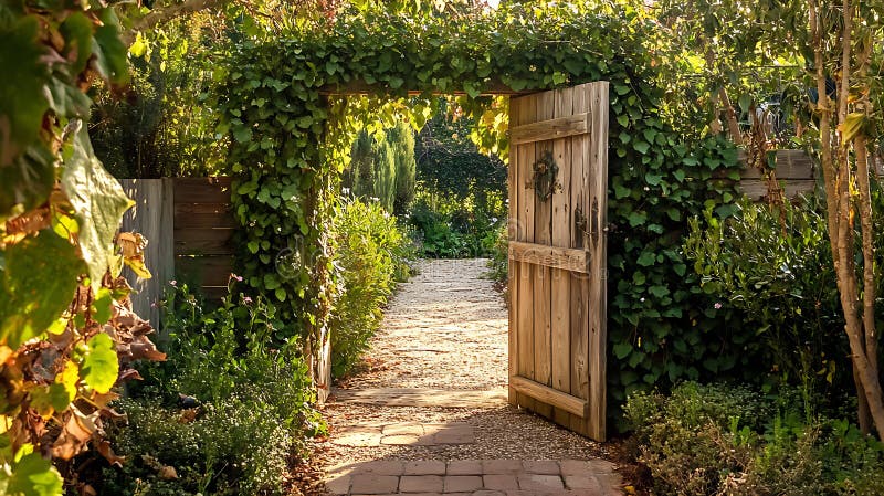 A Rustic Garden Gate Partially Covered in Climbing Vines Stock ...
